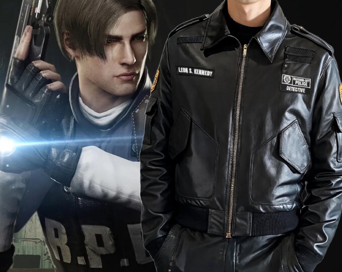 Resident Evil 2 Remake Leon Kennedy RPD Police Leather Jacket, Raccoon ...