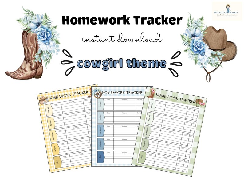 Printable Homework Tracker Cowgirl Themed Girls Planning Pages for ...