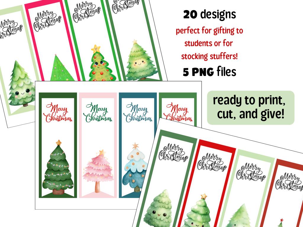 Printable Bookmarks Merry Christmas Tree Student Gifts Stocking Stuffer ...