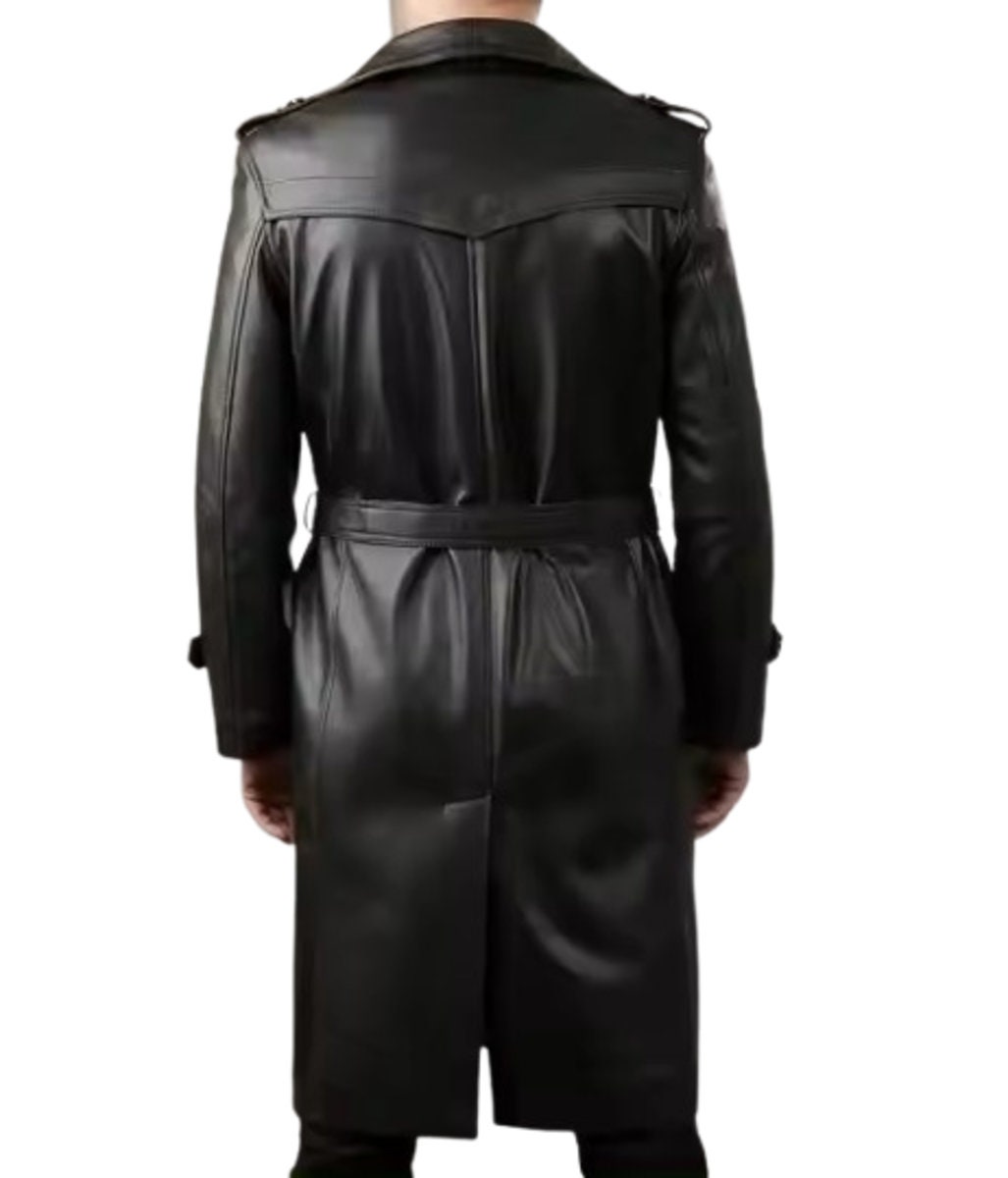Men's Full-length Black Leather Trench Coat - Classic Long Overcoat ...