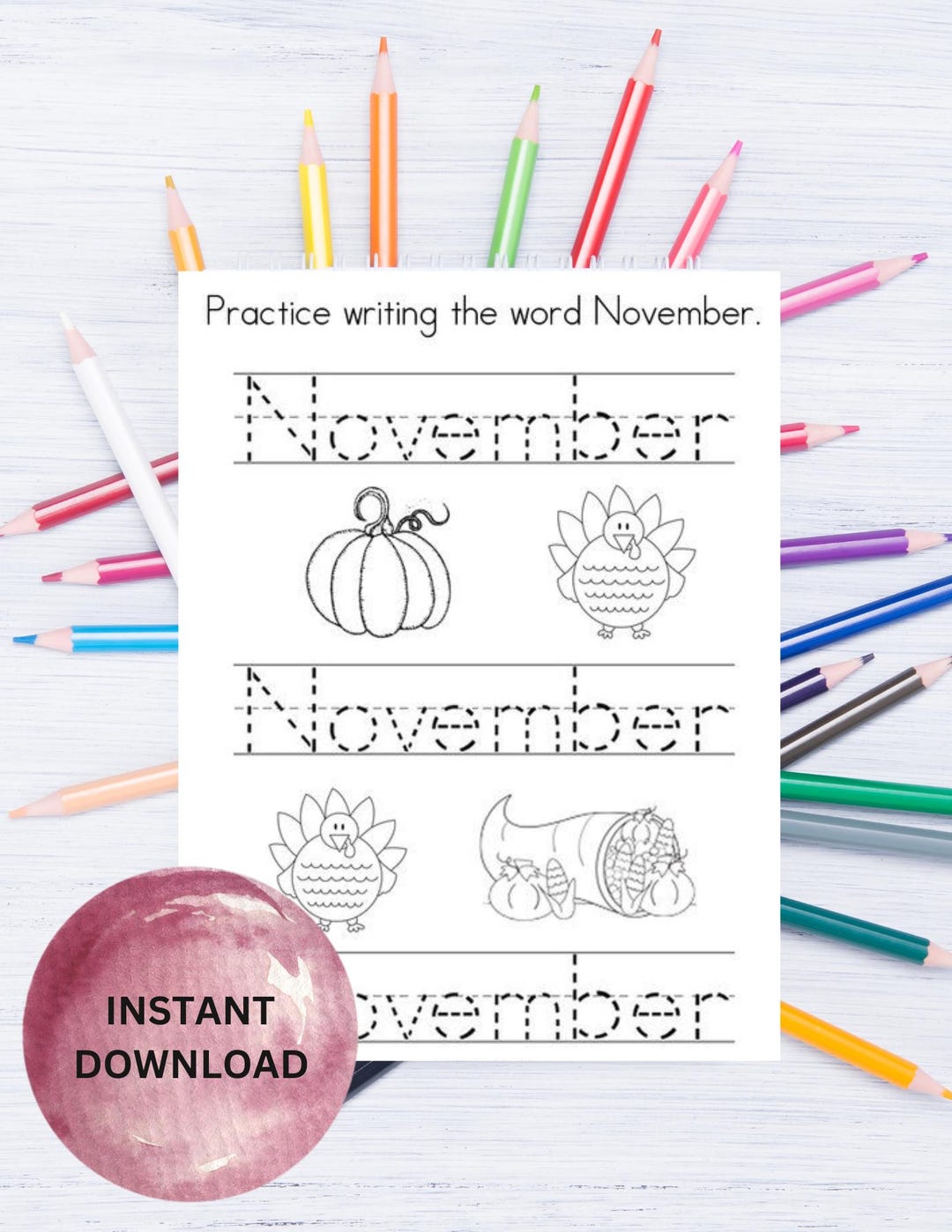 November Coloring and Tracing Page - Preschool - Kindergarten - Digital ...