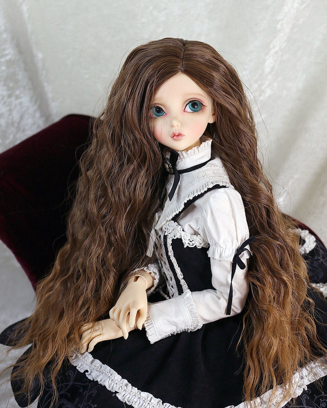 1/3 8-9" BJD Doll Wig SD Long Curly Dark to Light Ombre Gradient Brown ...