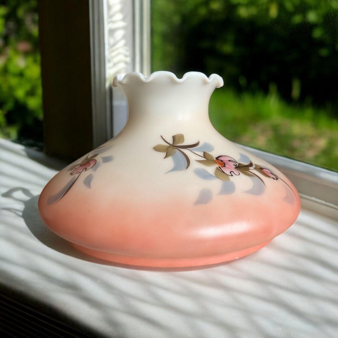 VTG Hand-painted Glass Lamp Shade Floral Design Ruffled Edge Light ...