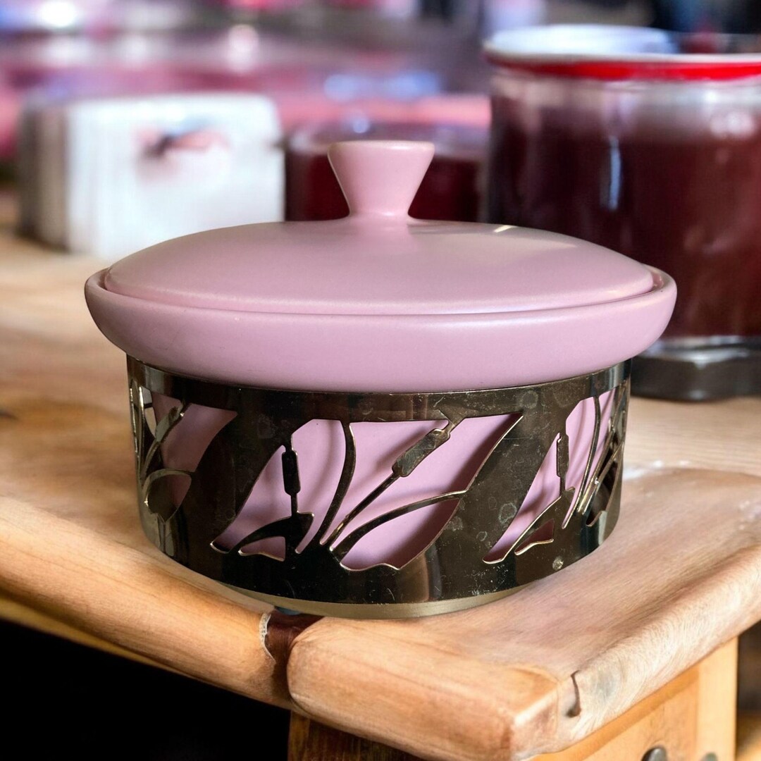 Vintage Pink Ceramic Serving Dish Cattail Metal Holder by Northington ...