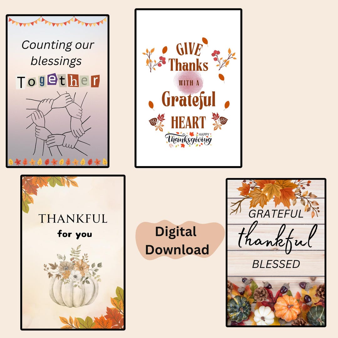 Thanksgiving Digital Art Bundle| Printable Thankful Wall Art Set ...