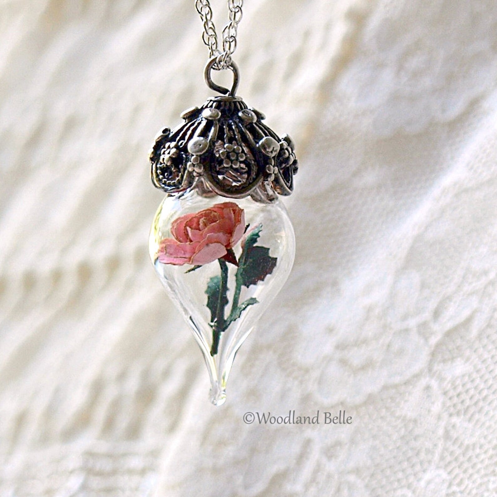 Pink Rose Necklace Sterling Silver Glass Flower Pendant - Etsy