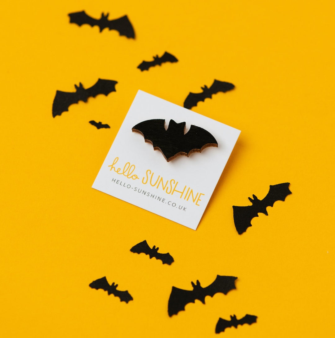Black Bat Pin Laser Cut UV Printed Wooden Badge Perfect Halloween ...