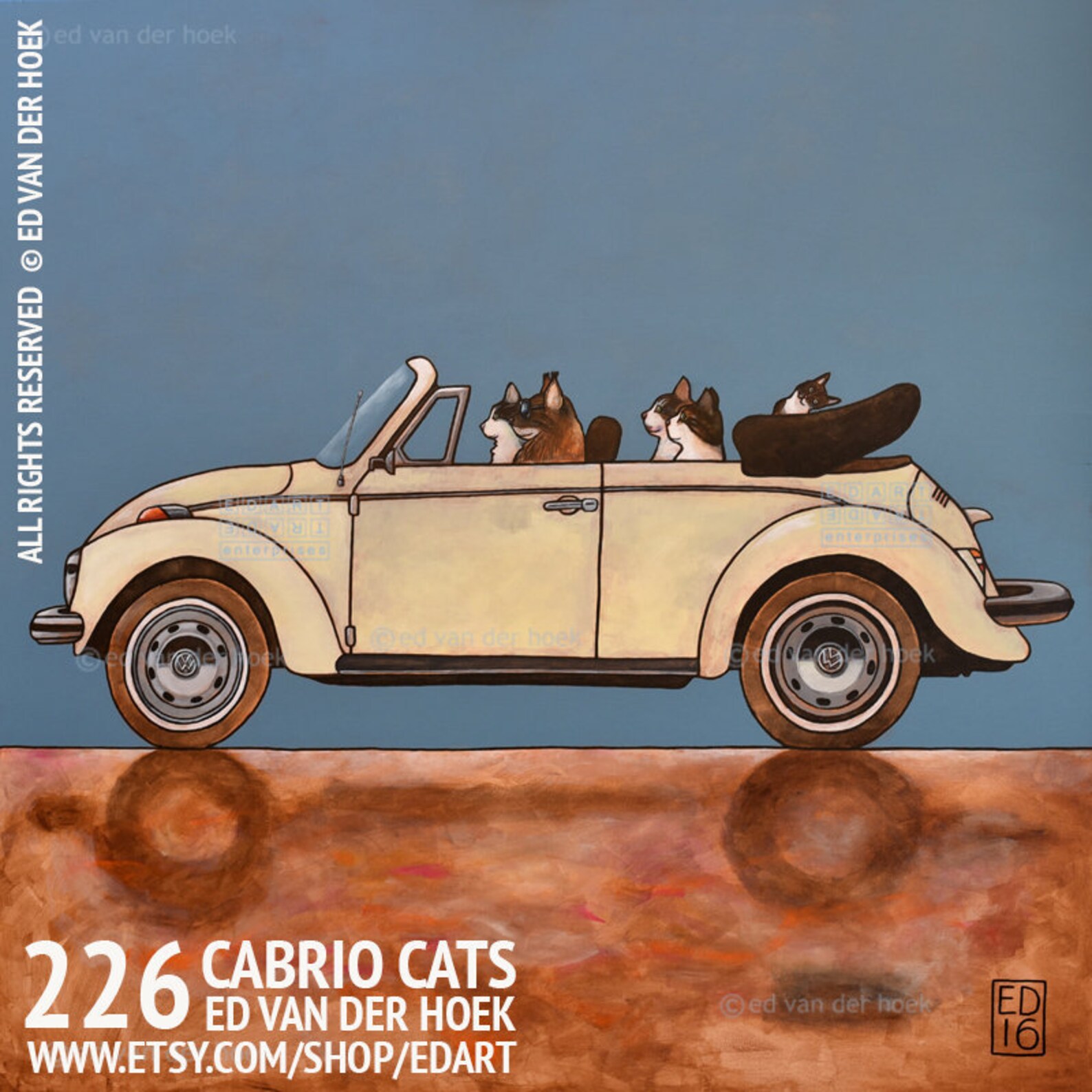 226 CABRIO CATS Driven by CAT Folded Art Card 15x15cm/6x6inch With ...