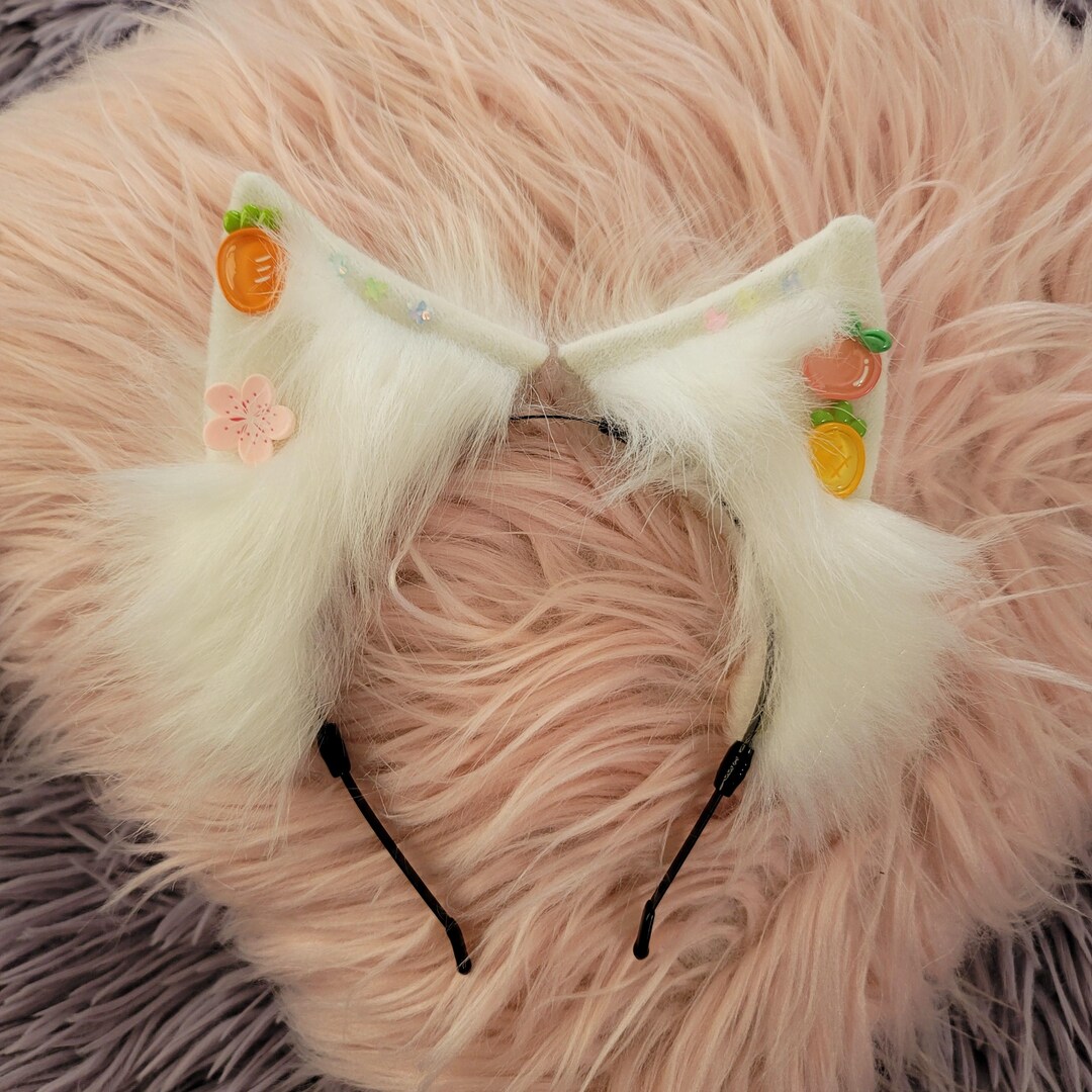 White Kitty Cat Ears Headband Cosplay Fruit Charms - Etsy
