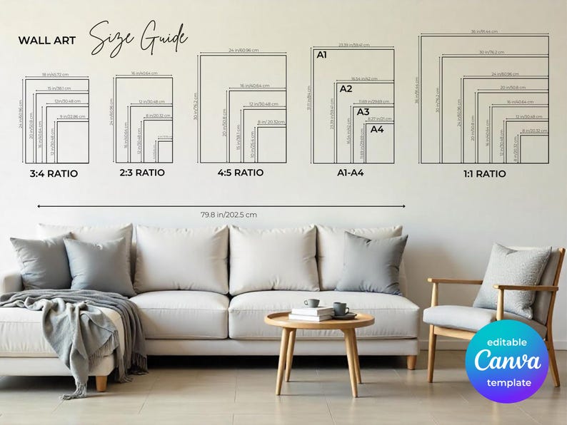 Editable & Printable Wall Art Size Guide Mockup, Frame Sizes Guide ...