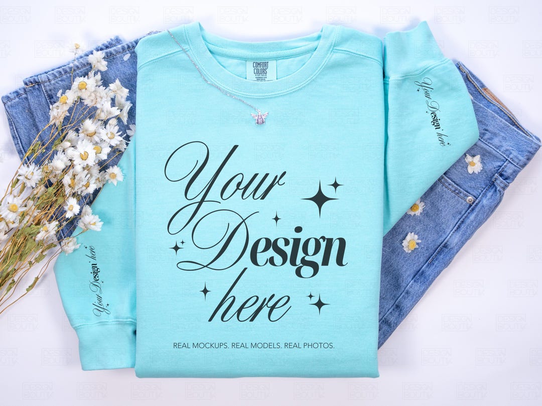 Chalky Mint Comfort Colors 1566 Sweatshirt Mockup: Folded Crewneck Flat ...