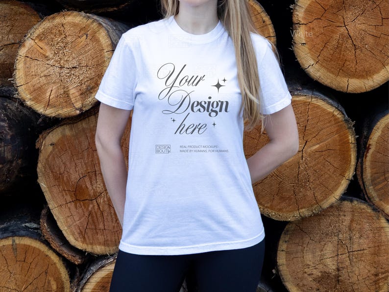 White Comfort Colors 1717 Mockup, Outdoor Wood Logs Background, Real ...