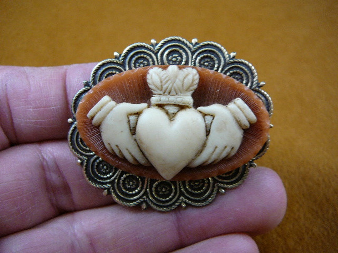 Orange and Ivory Colored CLADDAGH Cameo Irish Heart Crown Hand LOVE ...