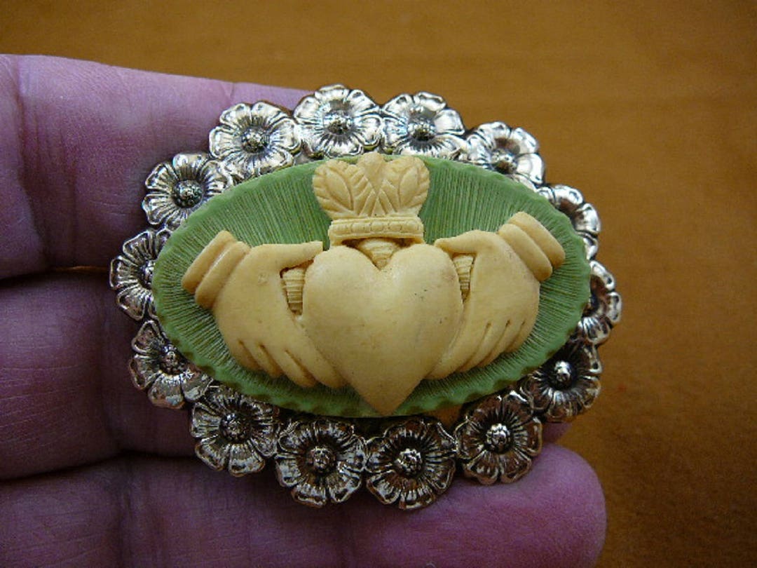 Lime Green Ivory CLADDAGH CAMEO Irish Heart Crown Hand Love Handy ...