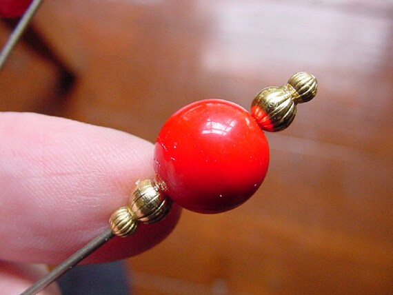 Shiny Red Round Ball Glass Bead With Gold Beads Beaded Hatpin | Etsy