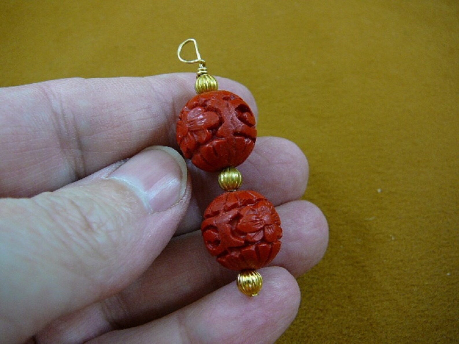 2 Round RED CINNABAR Pendant Necklace Carved Wood Lacquer Flower Bead ...