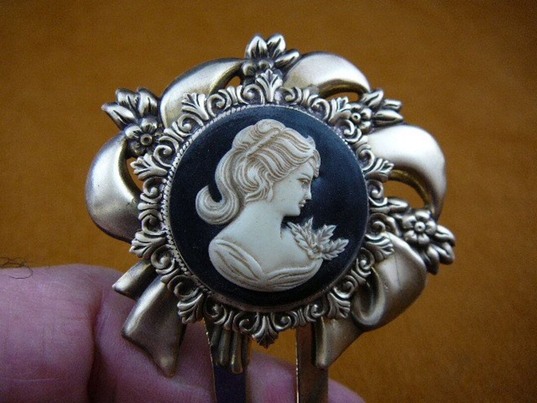 Ponytail Lady Black + Ivory Cameo Hair Pin Pick Stick Accessory Brass ...