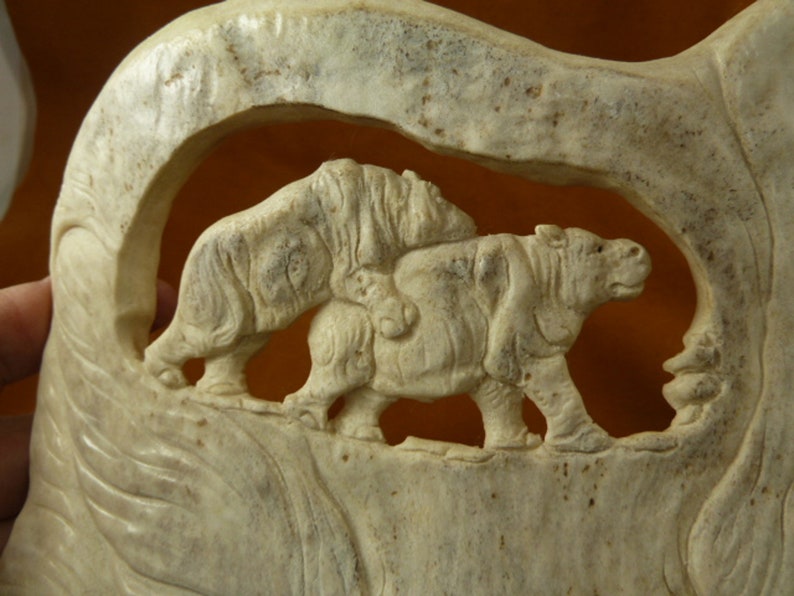 White Hippo of Shed ANTLER Figurine on Wood Base Bali Detailed Carving ...