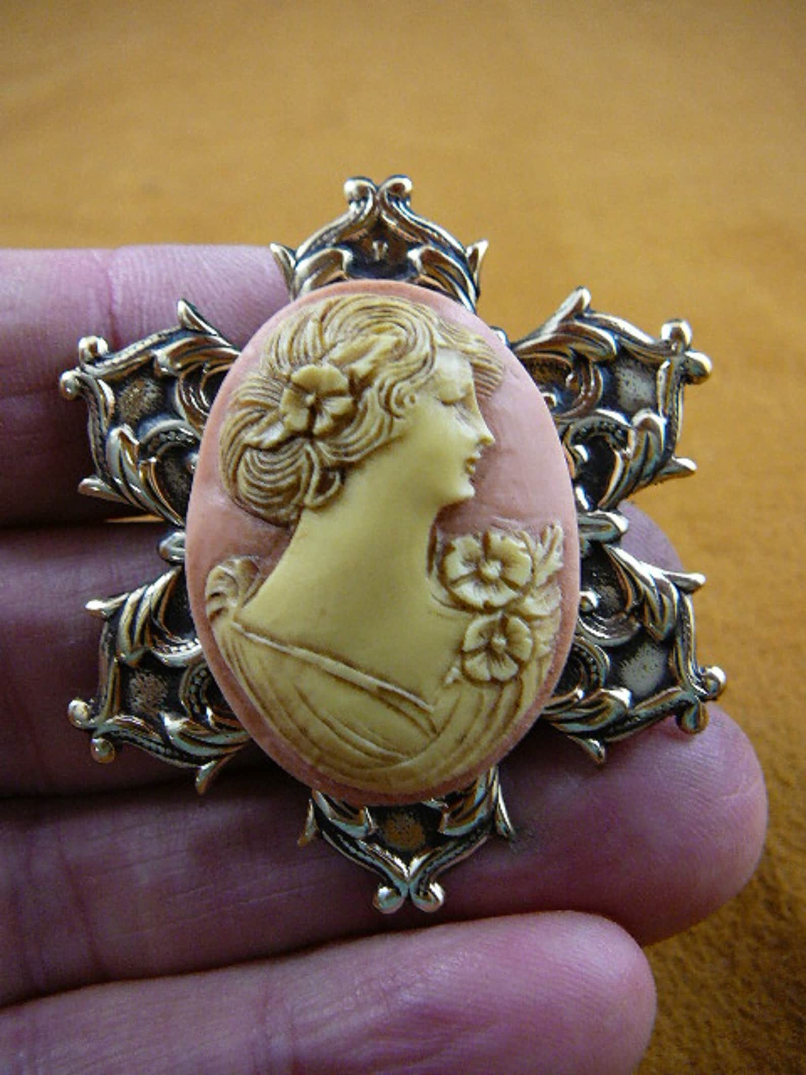 Sweet Lady With Flowers in Her Hair Pink + Ivory Cameo Pin Pendant ...