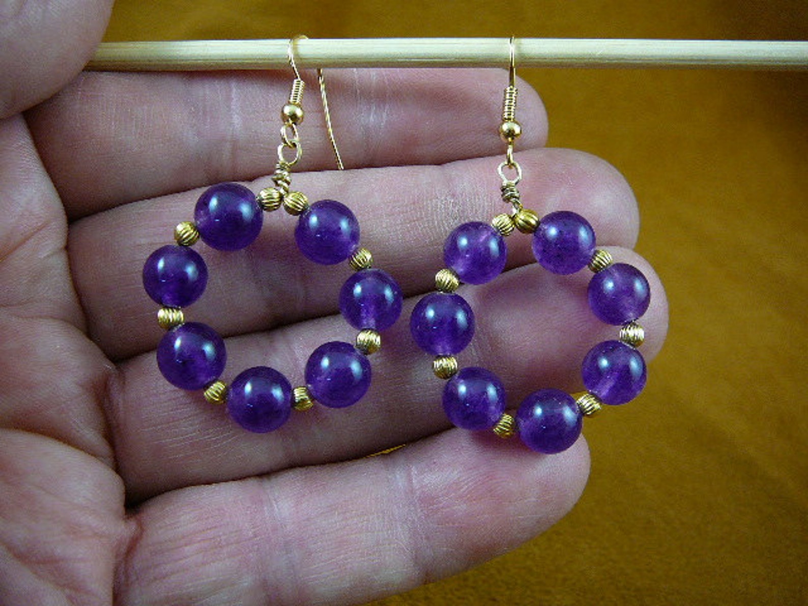 Purple Amethyst Gemstone Hoop Loop Circle Beaded 8 Mm Bead Gold Wire ...