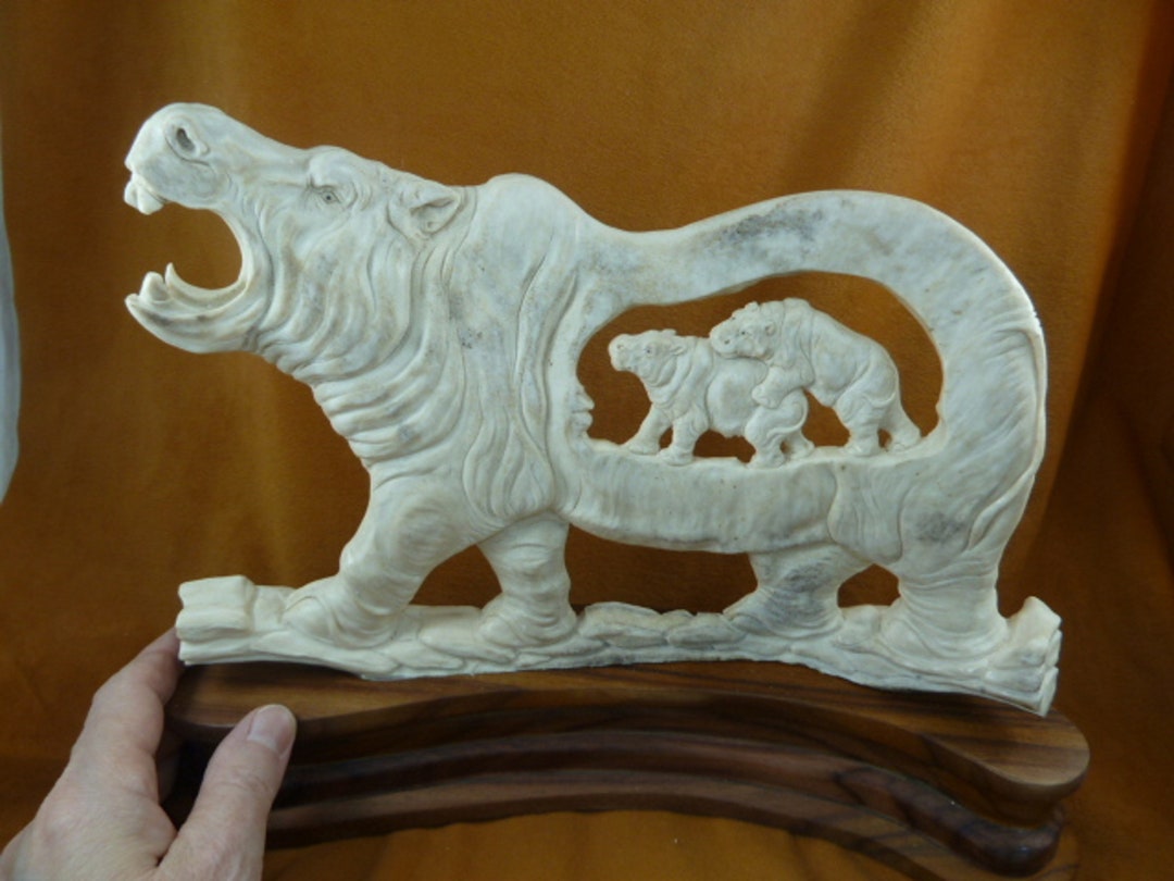 White Hippo of Shed ANTLER Figurine on Wood Base Bali Detailed Carving ...