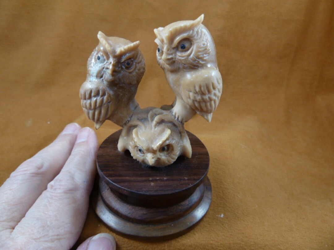 Little Tan Group of Three Owls Tagua Nut Figurine Bali Detailed Carving ...