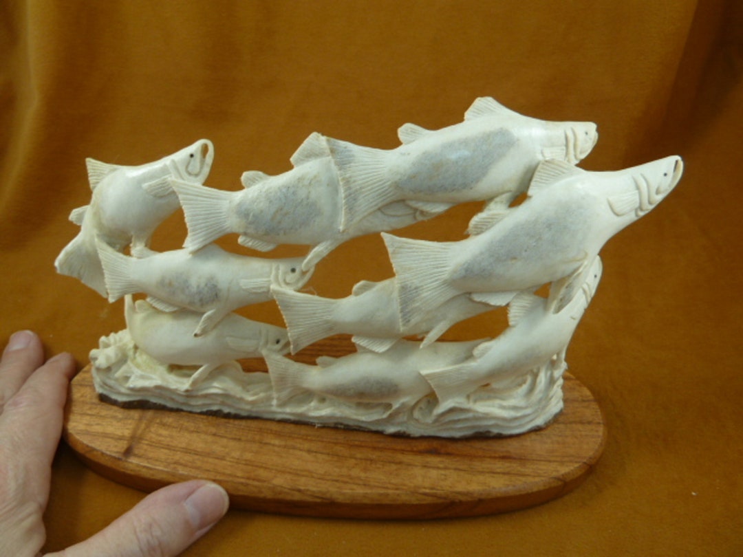 School of Salmon Fish Swimming up Stream Figurine on Wood Base Bali ...