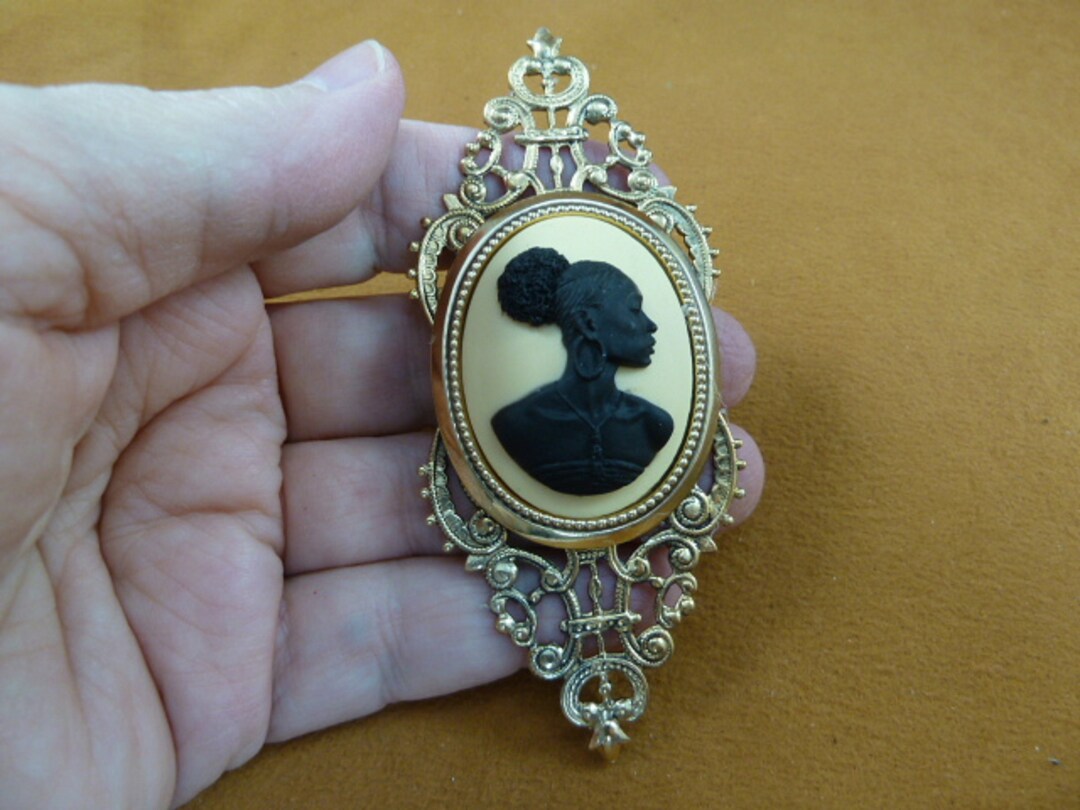 RARE African American LADY Woman Ivory + Black CAMEO Ornate Filigree ...