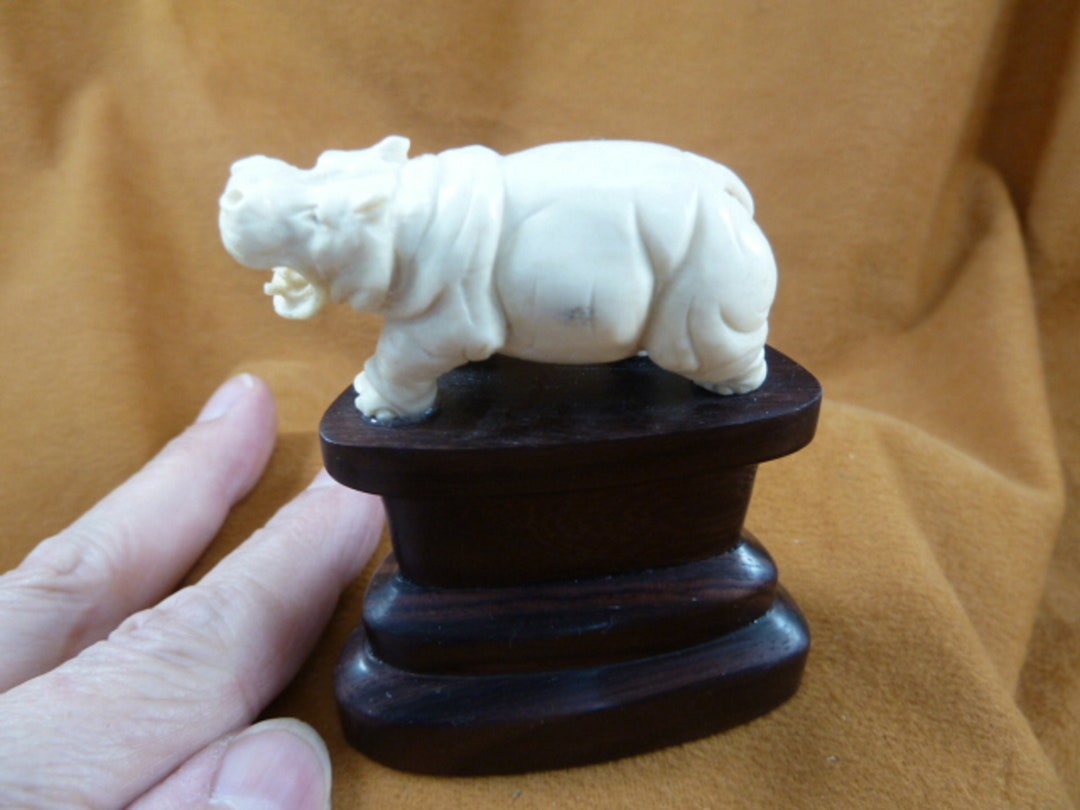 White Hippo of Shed ANTLER Figurine on Wood Base Bali Detailed Carving ...