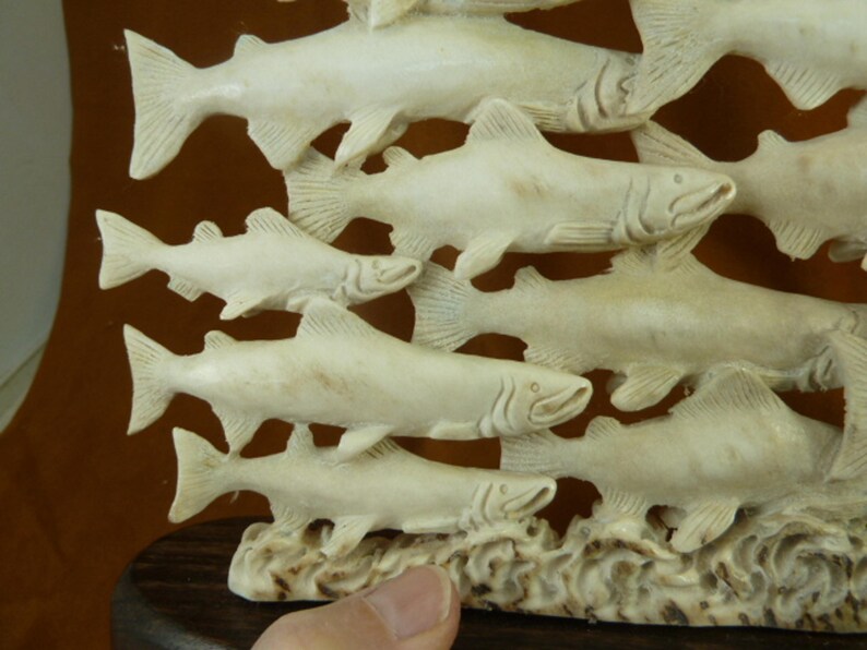 Large School of 31 Salmon Fish Swimming Figurine on Wood Base Bali ...