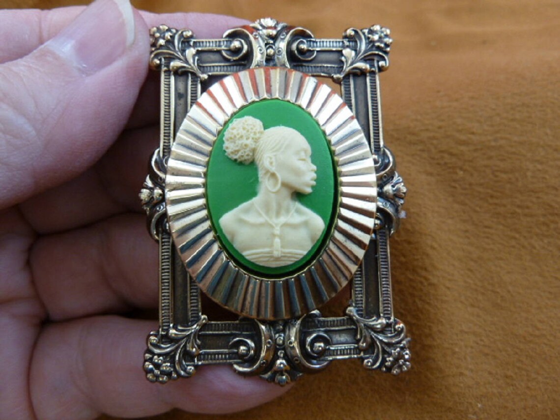 RARE African American LADY Green Ivory Oval CAMEO Brass Pin - Etsy