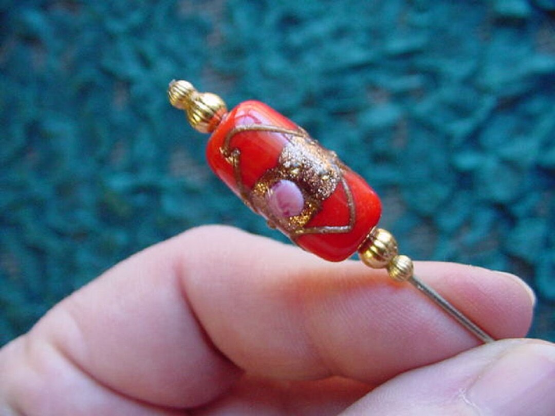 One Textured Red Copper Pink Rose White Dot Glass Beads Hatpin Ladies ...