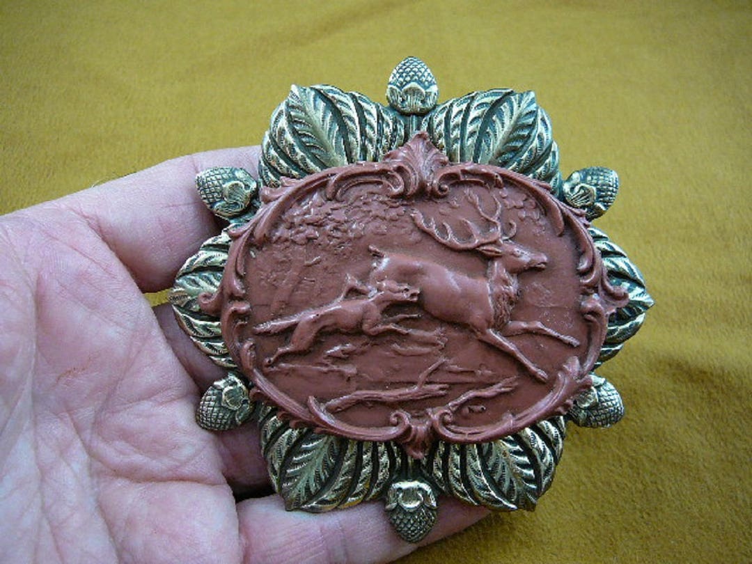 Buck Deer With Hunting Dog in Woods Forest on the Hunt CAMEO Brass Pin ...