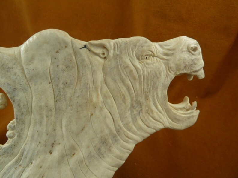 White Hippo of Shed ANTLER Figurine on Wood Base Bali Detailed Carving ...