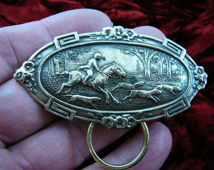 Gold Brass Horse and Fox Hound Hound Dogs Rider Hunting Sport Eyeglass Pin Pendant ID Badge ...