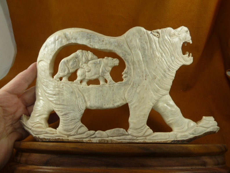 White Hippo of Shed ANTLER Figurine on Wood Base Bali Detailed Carving ...