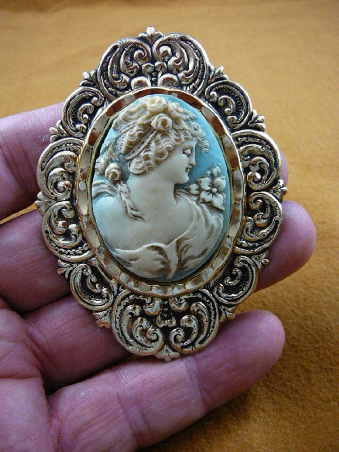 Large Roman Woman With Roses Rose Flowers Light Blue Ivory Oval CAMEO ...