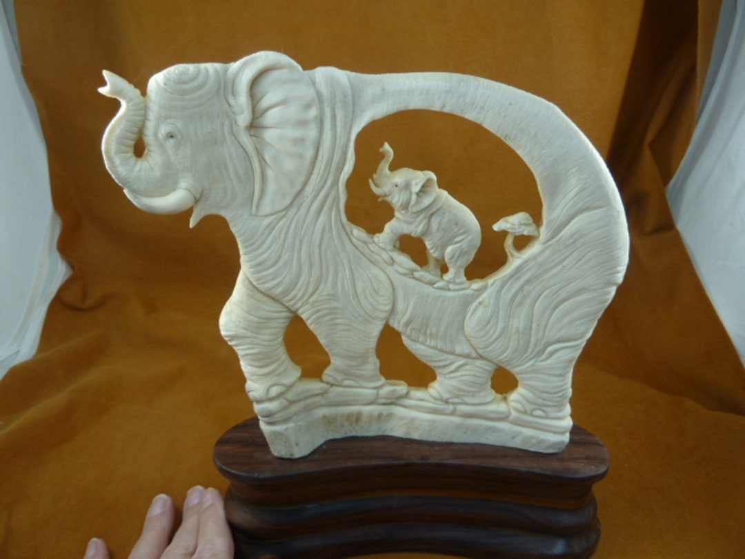 Mama + Baby Elephants Elephant of Shed ANTLER Figurine on Wood Base ...