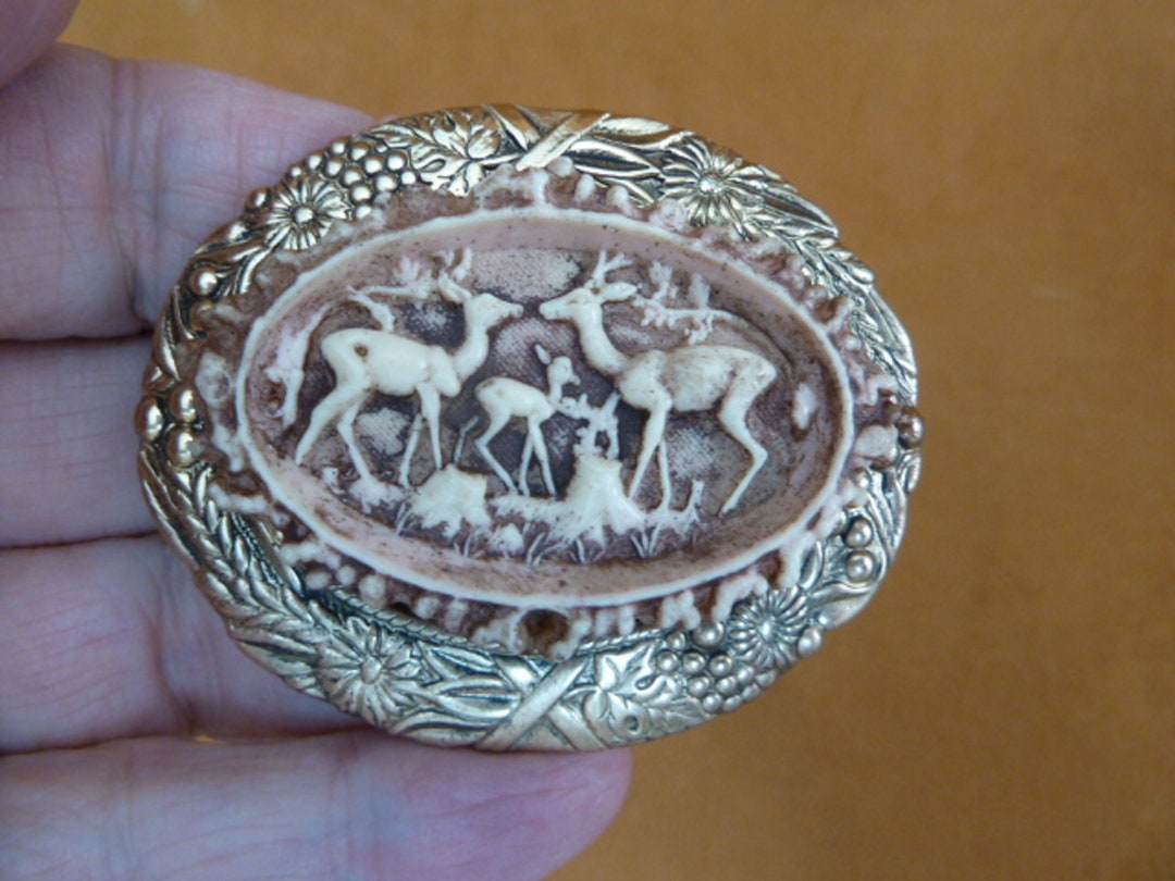 Buck Deer Doe Family in Woods Forest Ivory and Tan Oval CAMEO Brass Pin ...