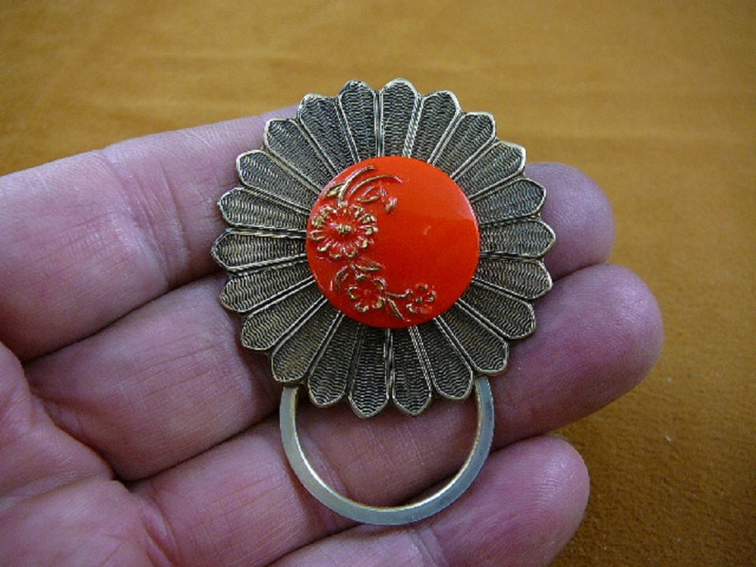 Red Gold Daisy Flower Czech Glass Button on Textured Flower Repro Victorian Brass Eyeglass Pin ...
