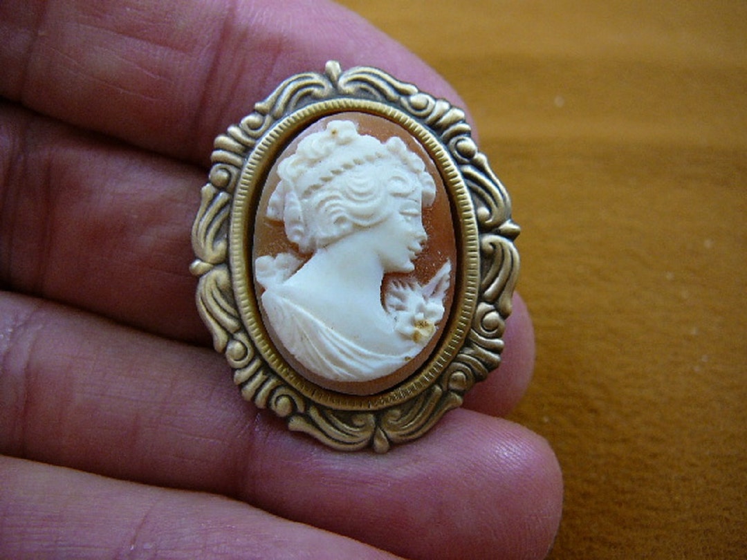 Classic Woman With Curled Updo Hair Oval Hand Carved Shell CAMEO Brass ...