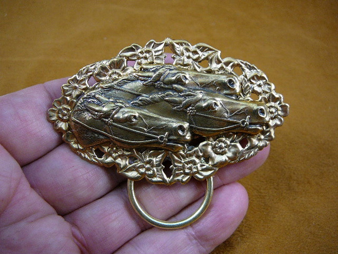 3 Race Horse Heads on Oval Flower Scrolled Floral Brass Eyeglass Holder Id Badge Pin Pendant ...