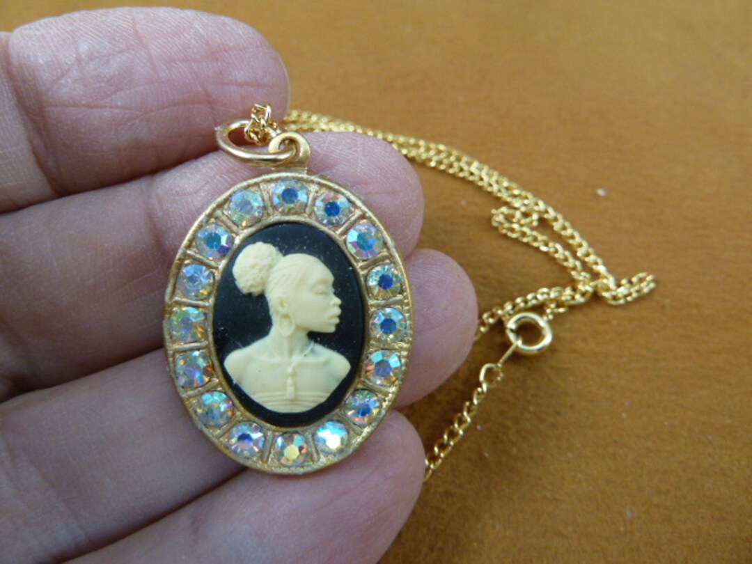RARE African American Lady Woman Ivory + Black CAMEO Small Rhinestone ...