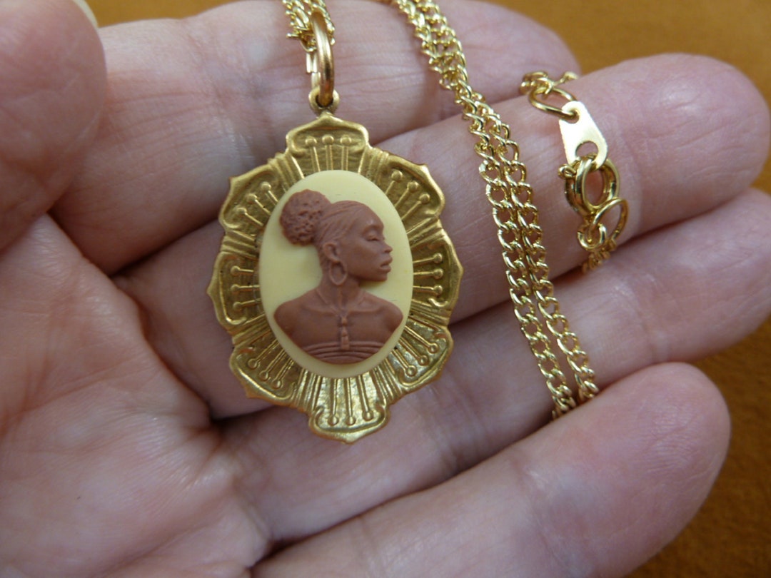 RARE African American Lady Woman Ivory + Chocolate Brown Oval CAMEO ...