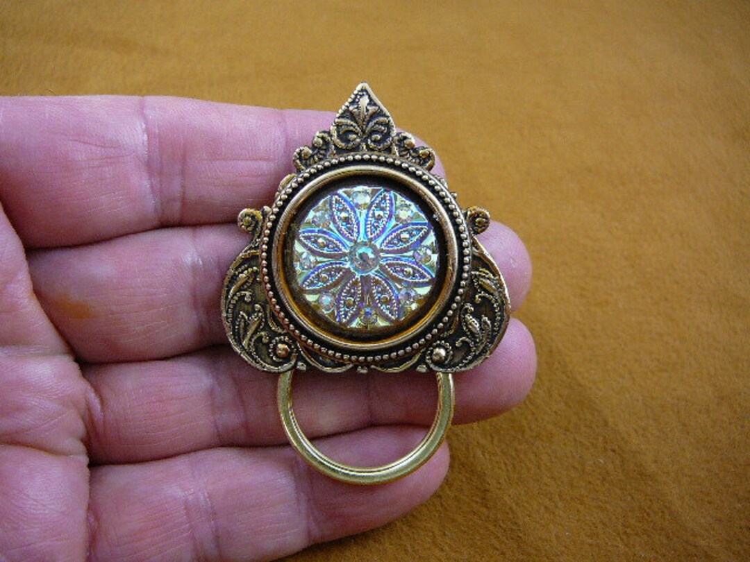 Lemon Yellow Iridescent Flower Starburst Czech Glass Button Repro Victorian Brass Eyeglass Pin ...