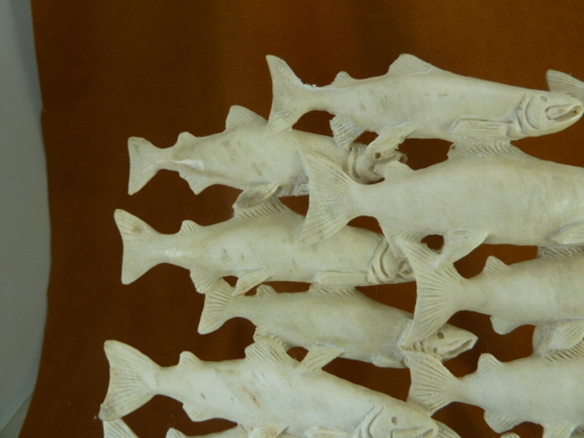 Large School of 31 Salmon Fish Swimming Figurine on Wood Base Bali ...