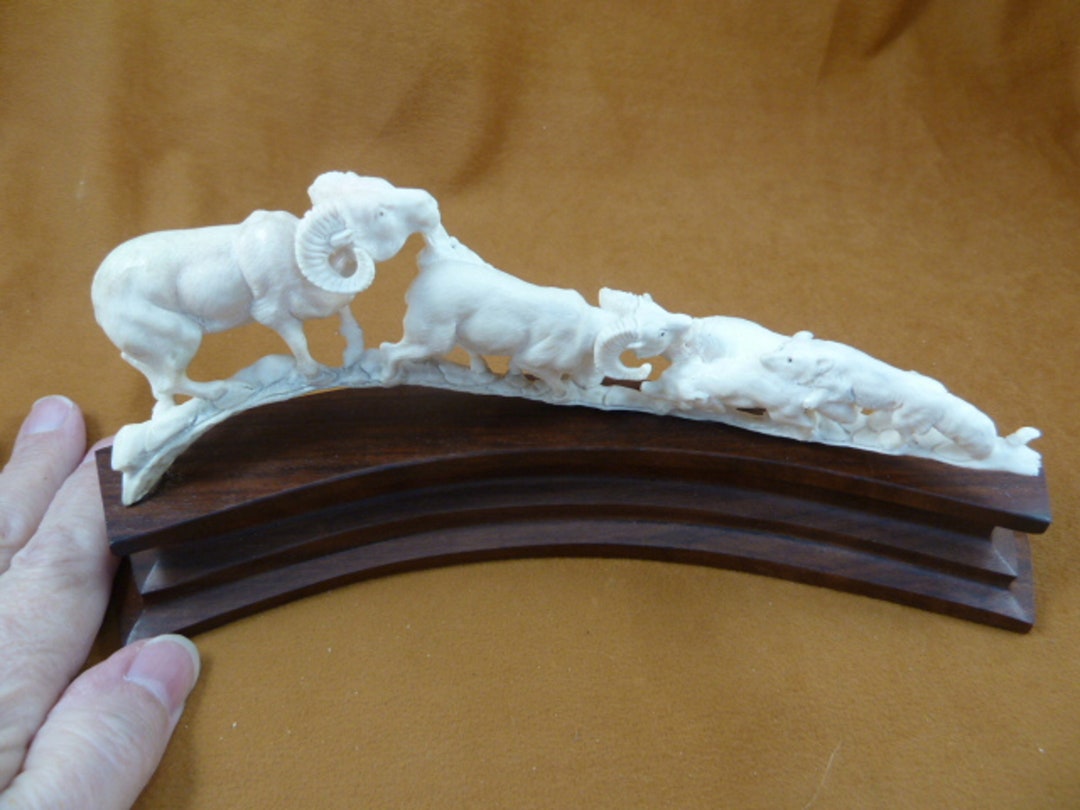 Rams Ram Sheep Vs Wolves Wolf Carved of Shed ANTLER Figurine on Wood ...