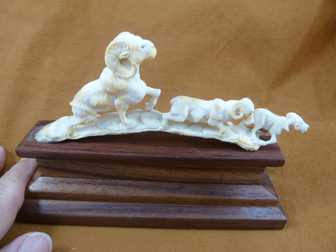 Rams Ram Sheep Running Carved of Shed ANTLER Figurine on Wood Base Bali ...