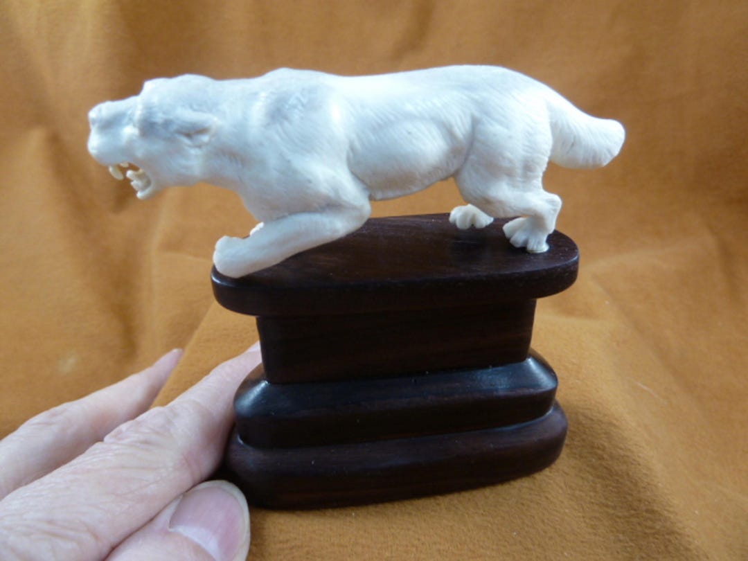 Saber Tooth Tiger Big Cat Figurine on Wood Base Bali Detailed Carving ...