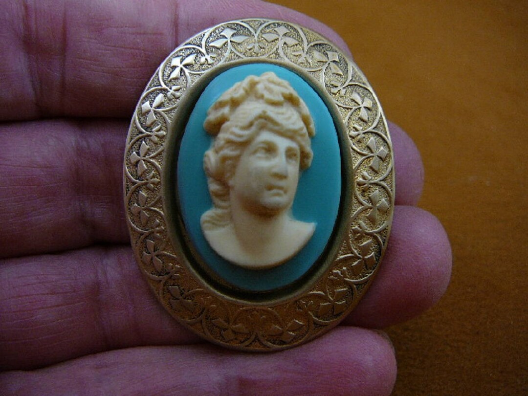 Full Face WOMAN Blue and Ivory Cameo Pin Pendant Jewelry Brooch ...